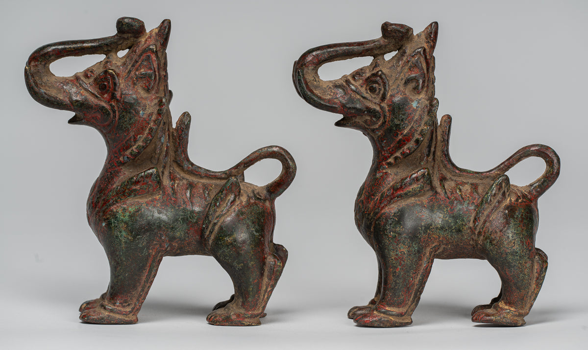 Antique Burmese Style Bronze Standing Chinthe Guardian Temple Lions ...