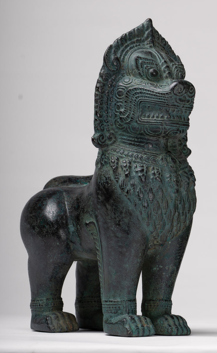 Temple Lions - Antique Khmer Style Bronze Standing Temple Guardian or ...