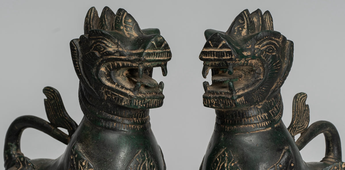 Antique Burmese Style Bronze Standing Chinthe Guardian Temple Lions ...