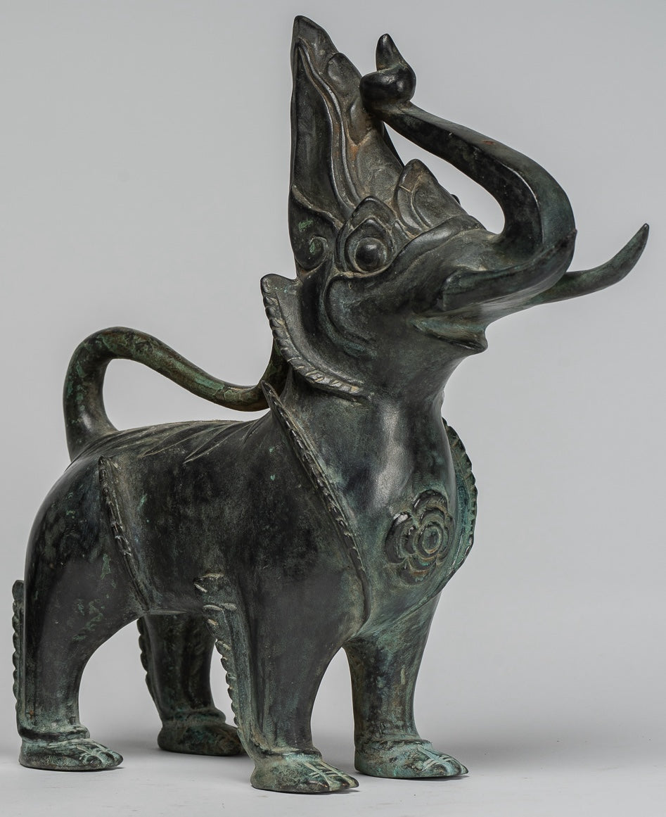 Antique Burmese Style Bronze Standing Chinthe Guardian Temple Lions ...