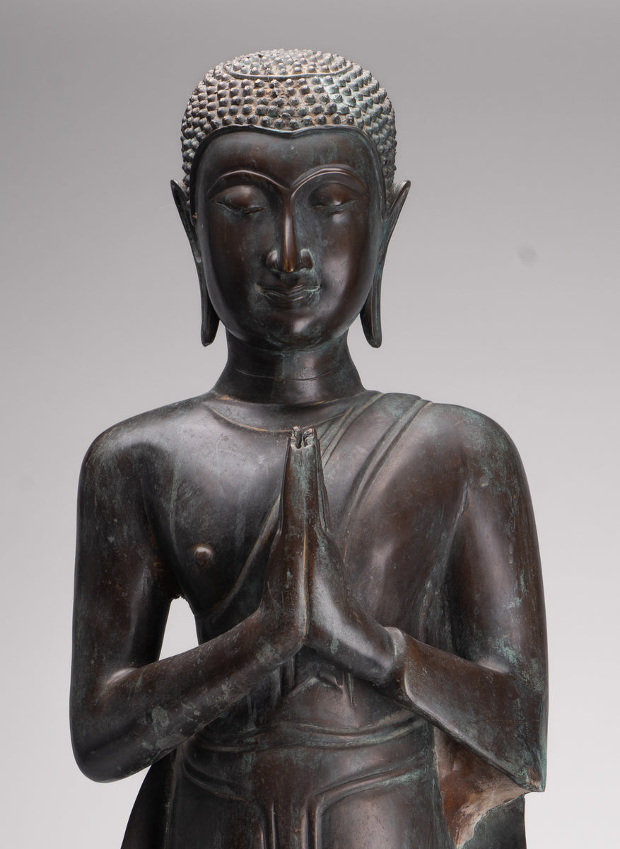 Antique Thai Style Standing Wood Adoration Standing Monk Statue - 100c ...