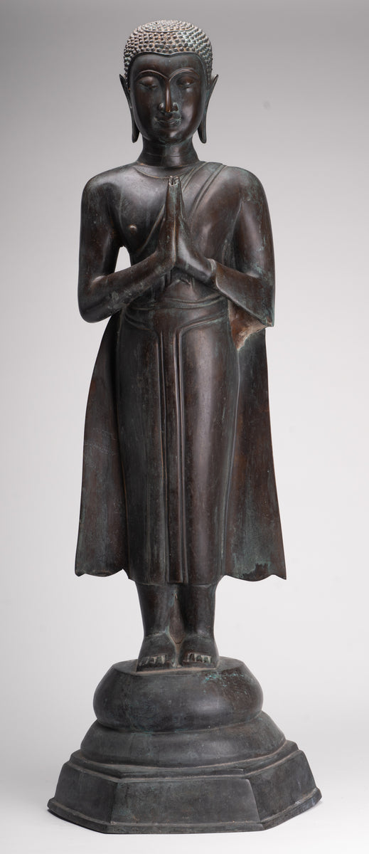 Antique Thai Style Standing Wood Adoration Standing Monk Statue - 100c ...