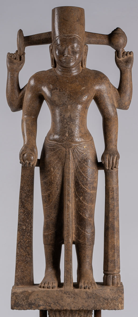 Vishnu Sculpture - Antique Pre-Angkor Style Mounted Sandstone Vishnu S ...
