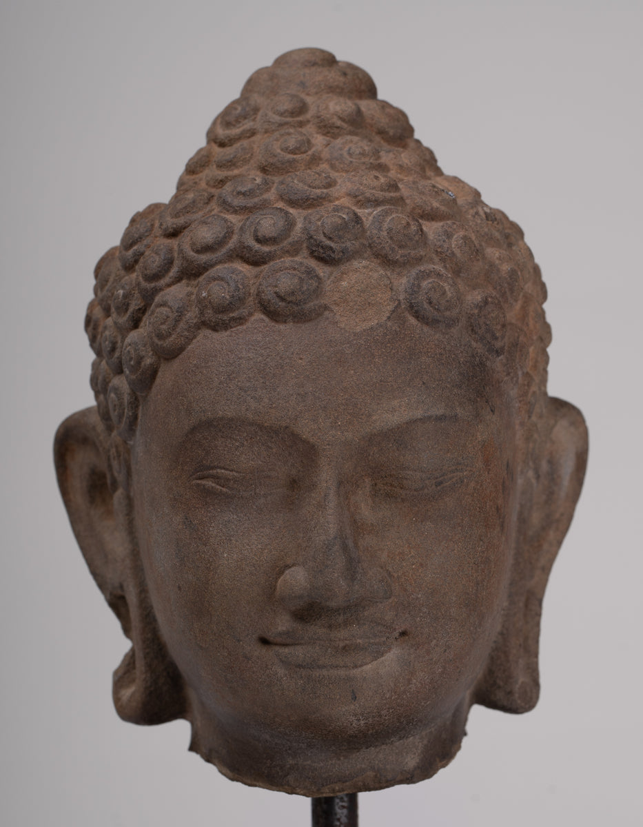 Buddha Statue - Antique Phnom Da Style Mounted Stone Khmer Buddha Head ...