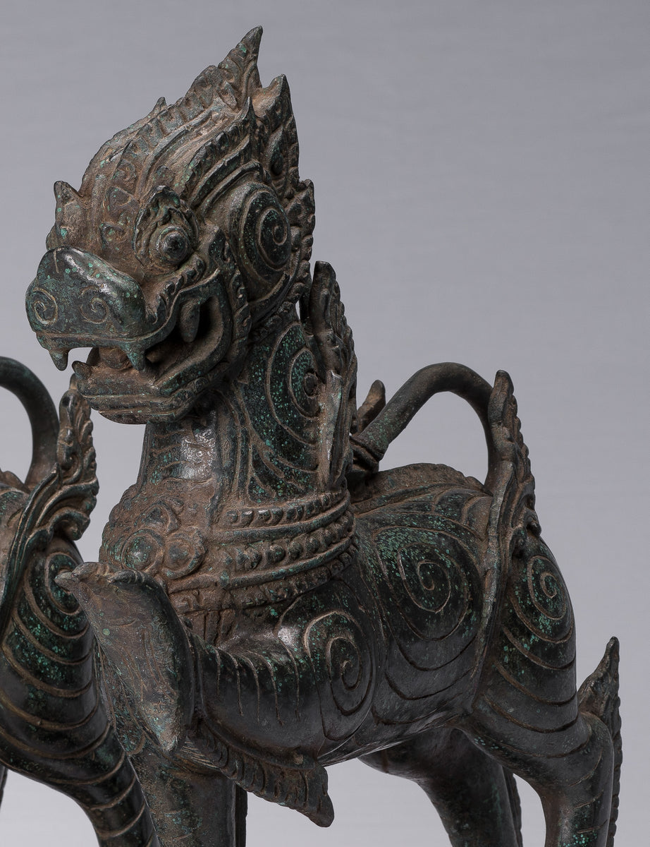 Antique Burmese Style Bronze Standing Chinthe Guardian Temple Lions ...